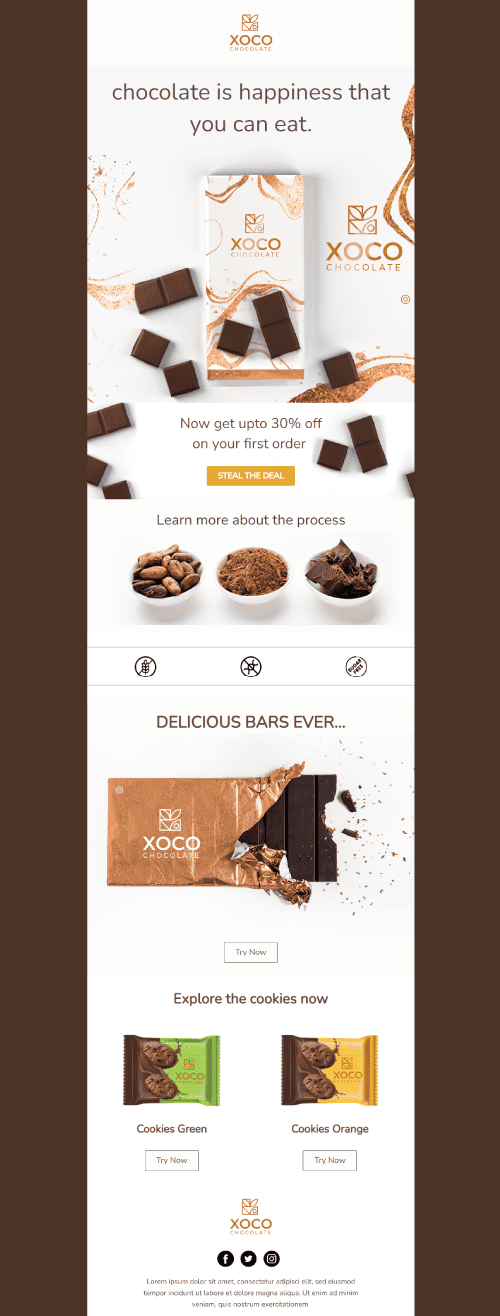 Discount on First Order Email Template for Chocolate Bars & Cookies