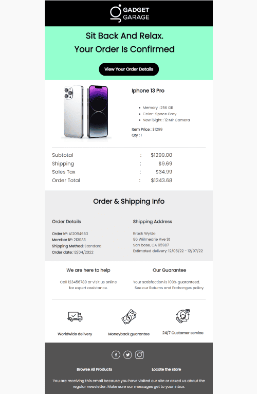 Order Confirmed Email Template for Gadgets & Consumer Electronics