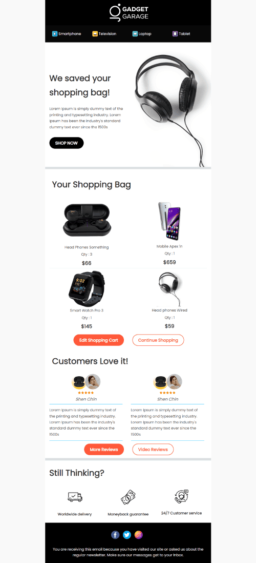 Abandoned Shopping Cart Reminder Email Template for Gadget Stores
